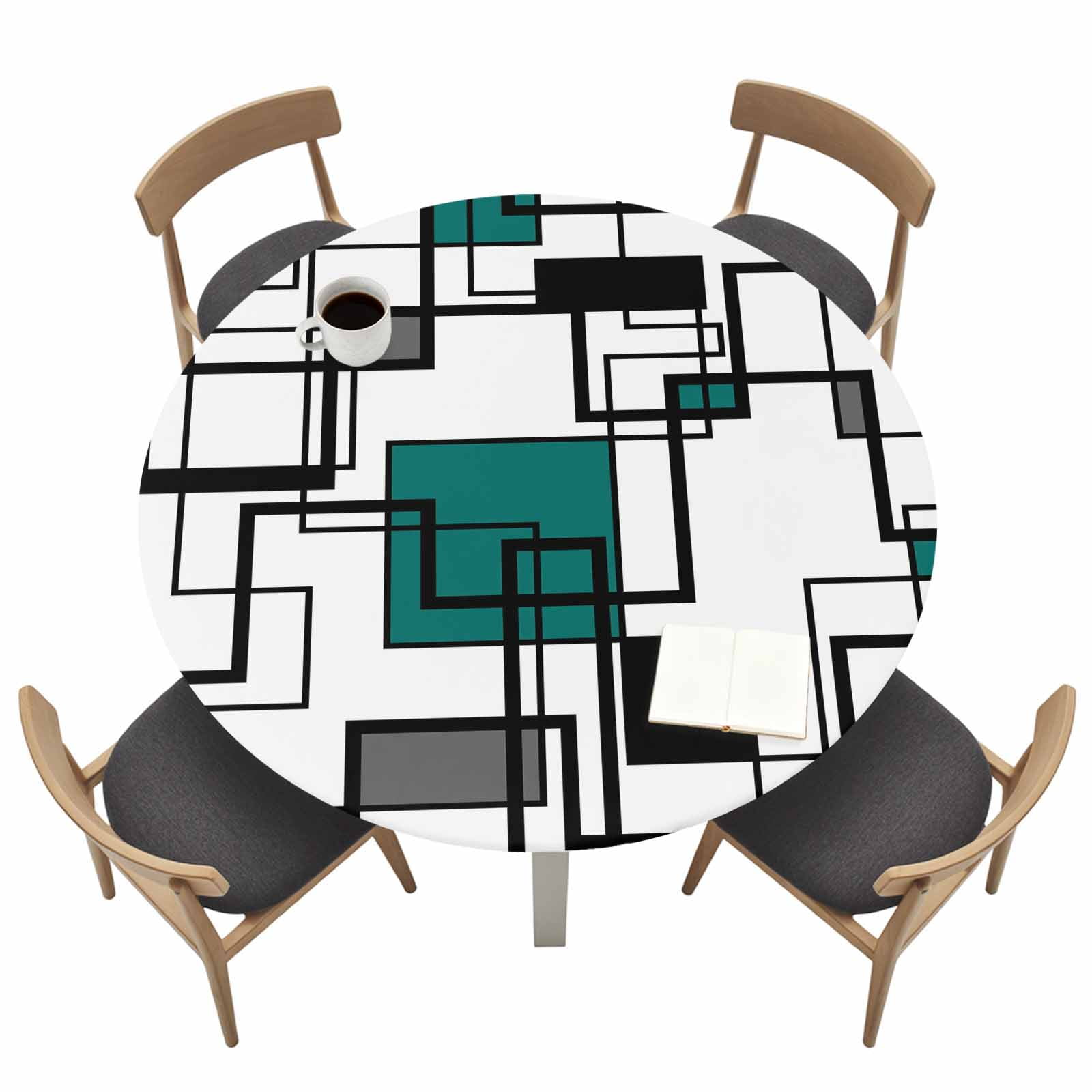 Abstract Squares Round Fitted Tablecloth with Elastic Edge Green Gray ...