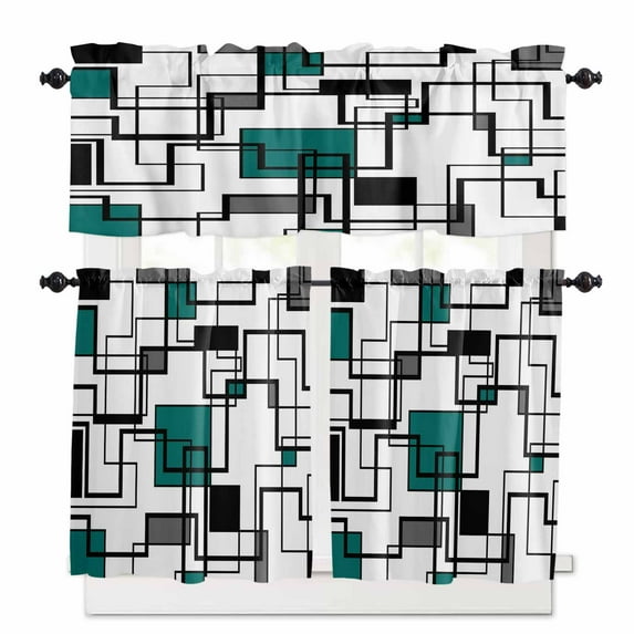Abstract Squares Window Curtains Valance Set of 3 Green Gray Geometric ...