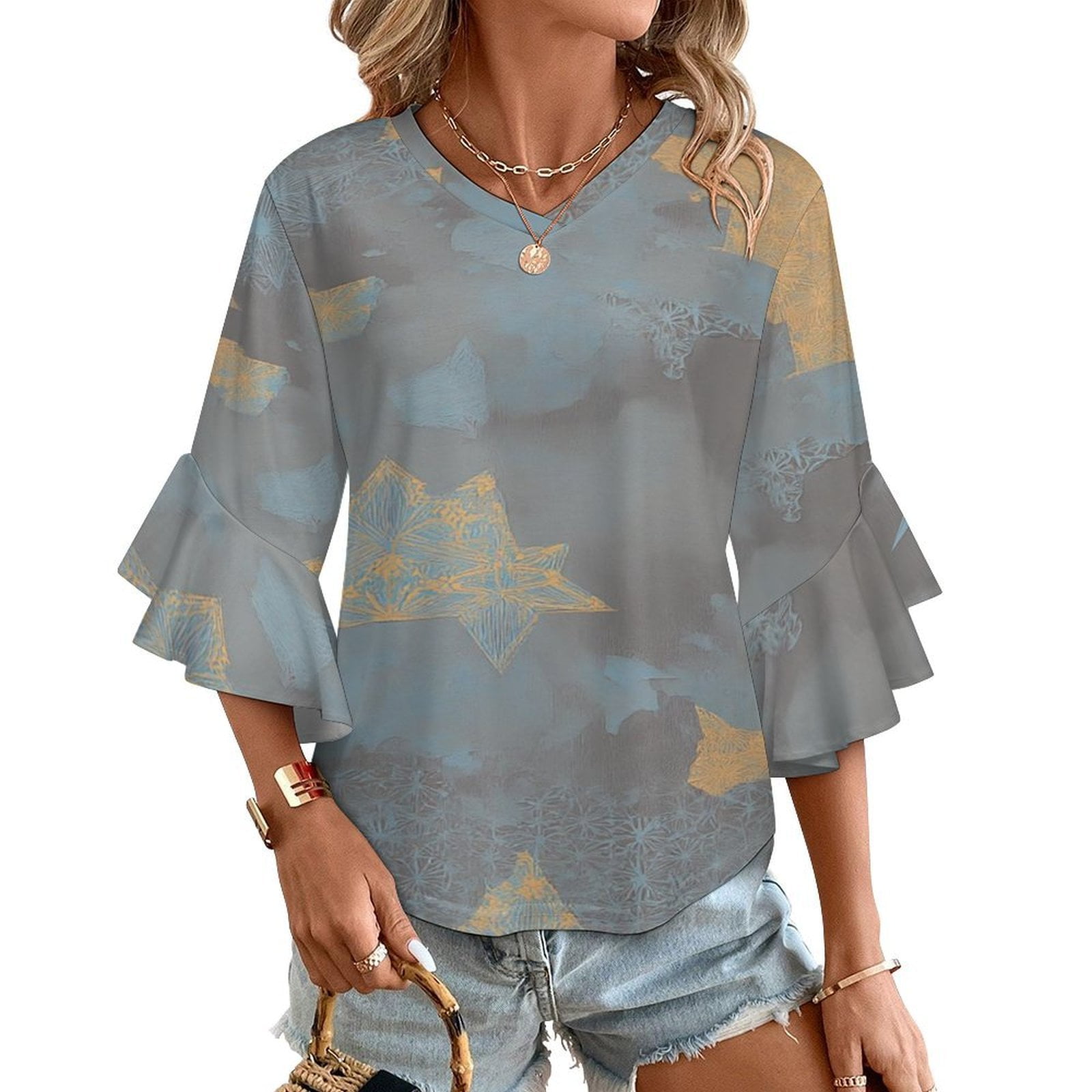 Abstract Star Pattern Design Women's V-Neck Blouse With 3/4 Ruffled ...