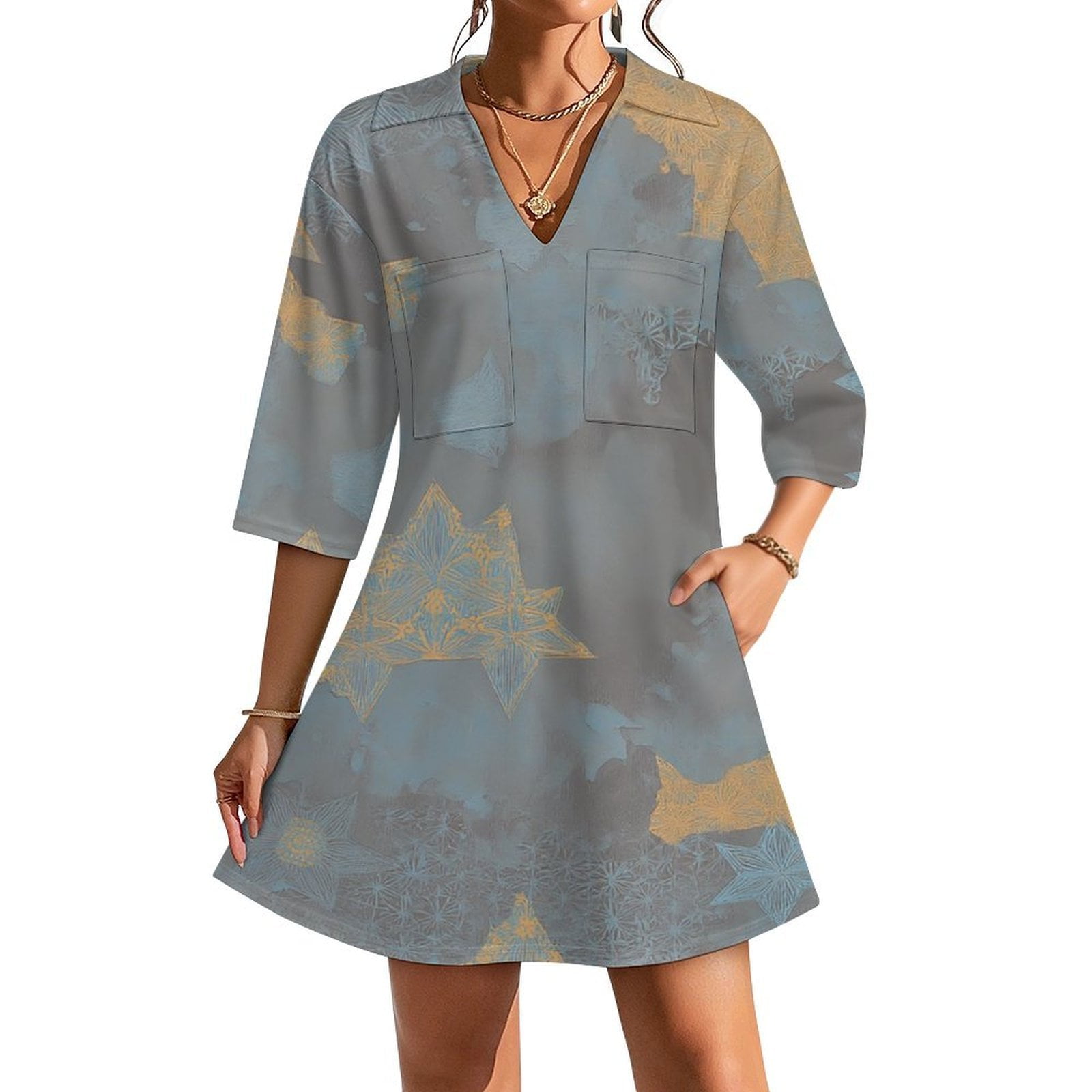 Abstract Star Pattern Design Womens Dress With Pockets Summer V Neck 3/ ...