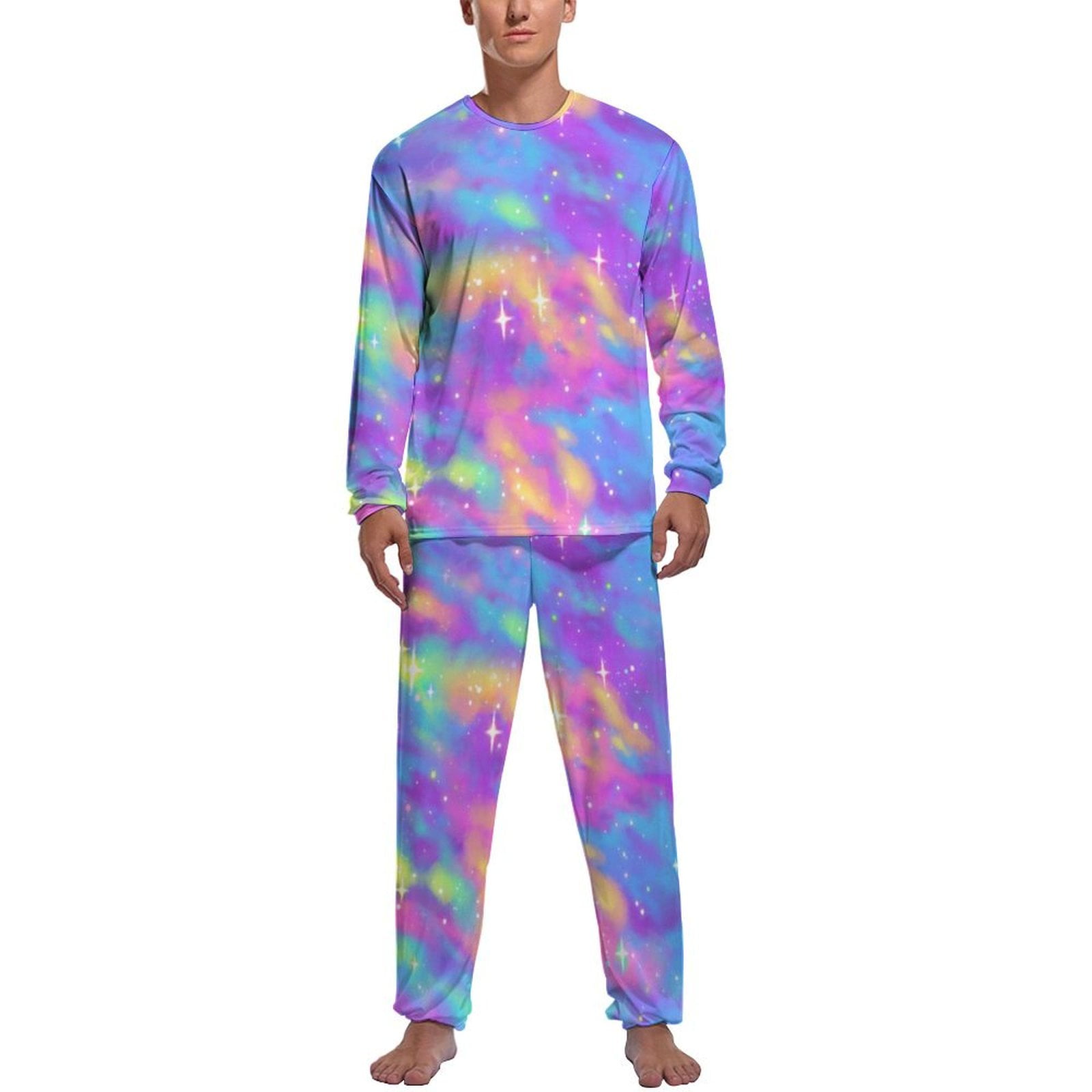 Abstract Star Print Pajamas Blue and Purple Galaxy Male Long Sleeves ...