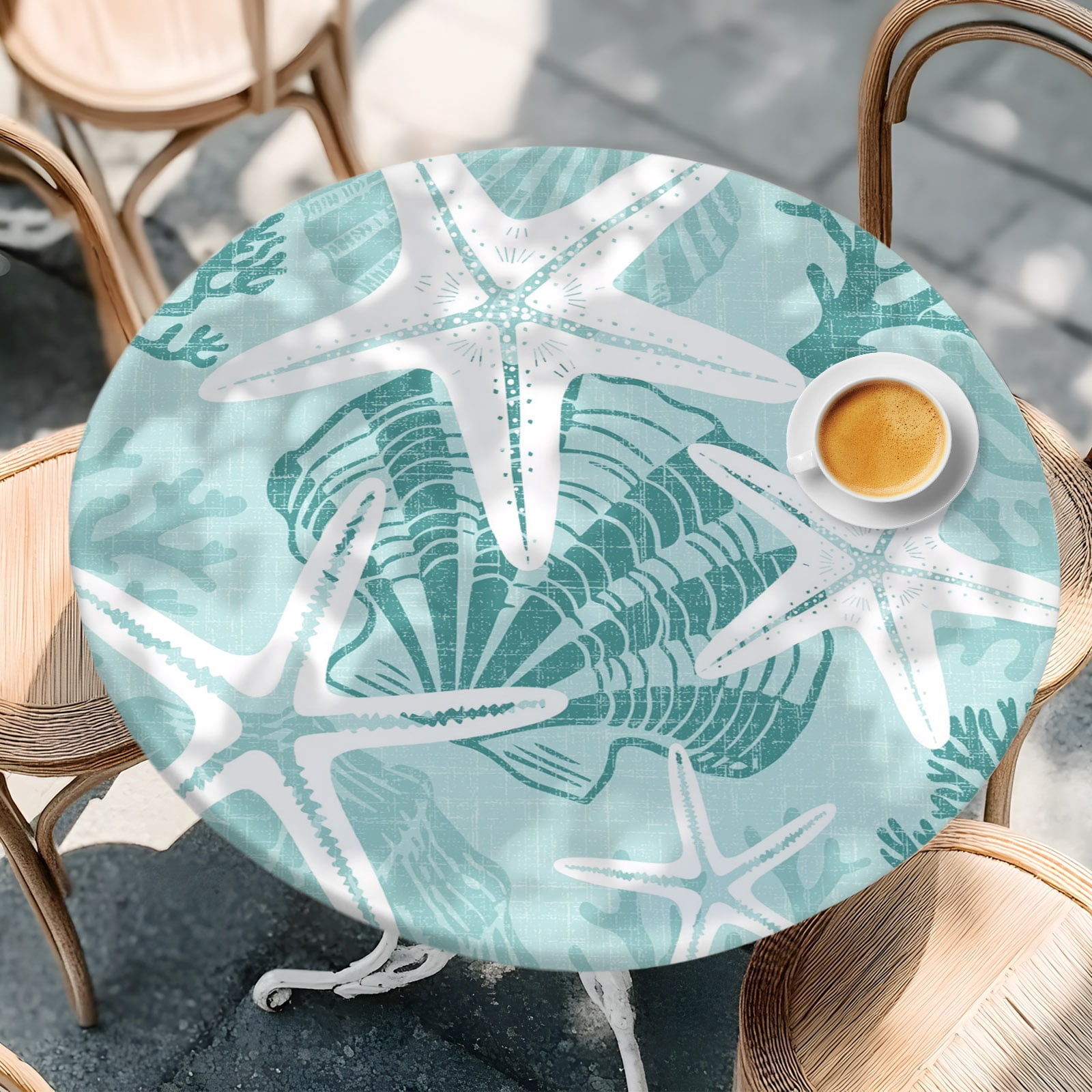 Abstract Starfish Green Shell Round Fitted Tablecloth with Elastic Edge ...