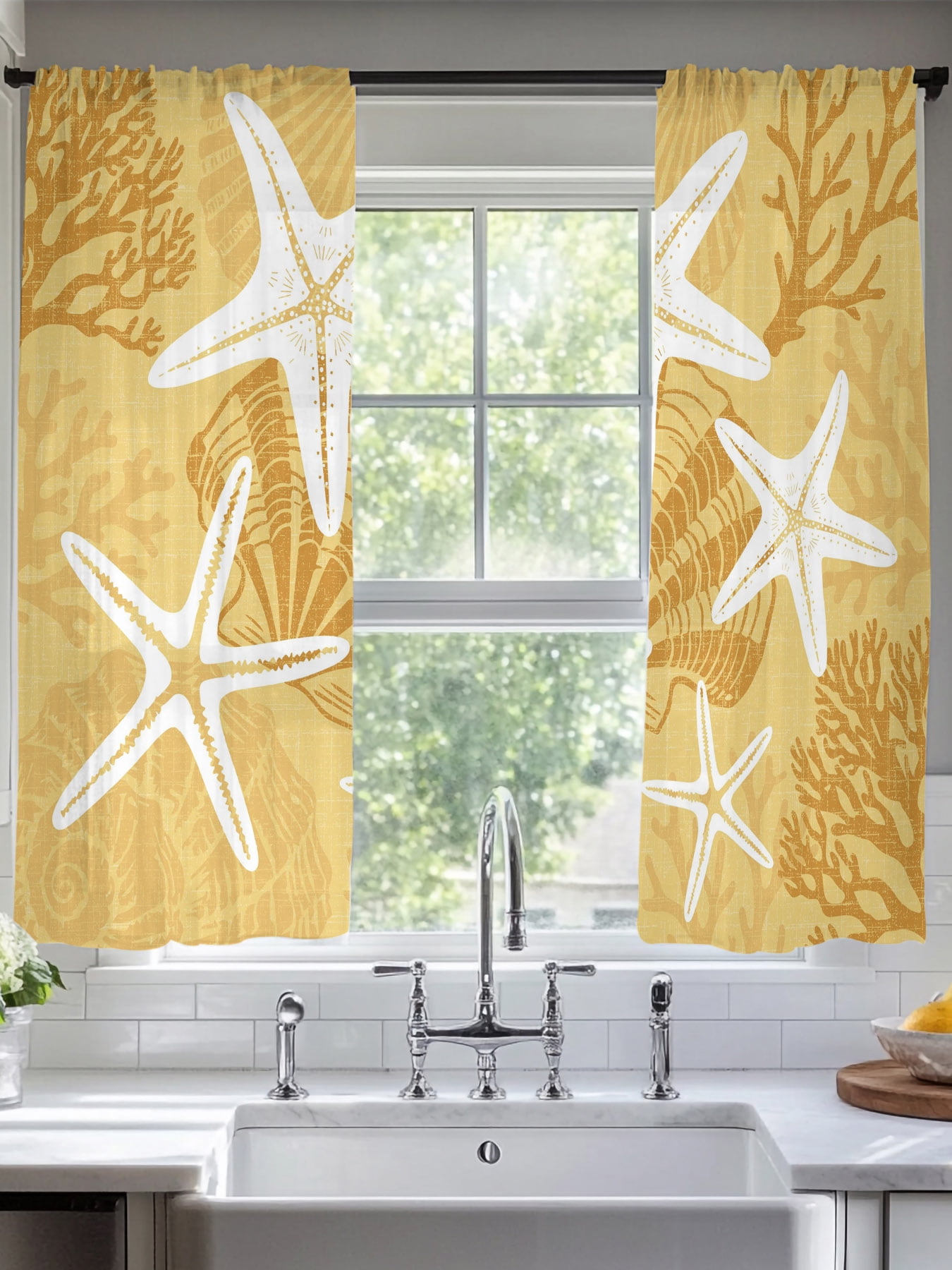Abstract Starfish Shell on Yellow Chiffon Sheer Curtains 72 Inches Long ...