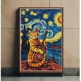 Abstract Starry Night Cat Playing Guitar Van Gogh Style Whimsical Blue ...