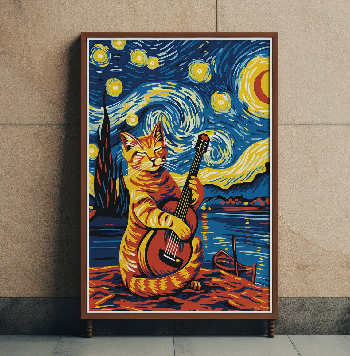 Abstract Starry Night Cat Playing Guitar Van Gogh Style Whimsical Blue ...