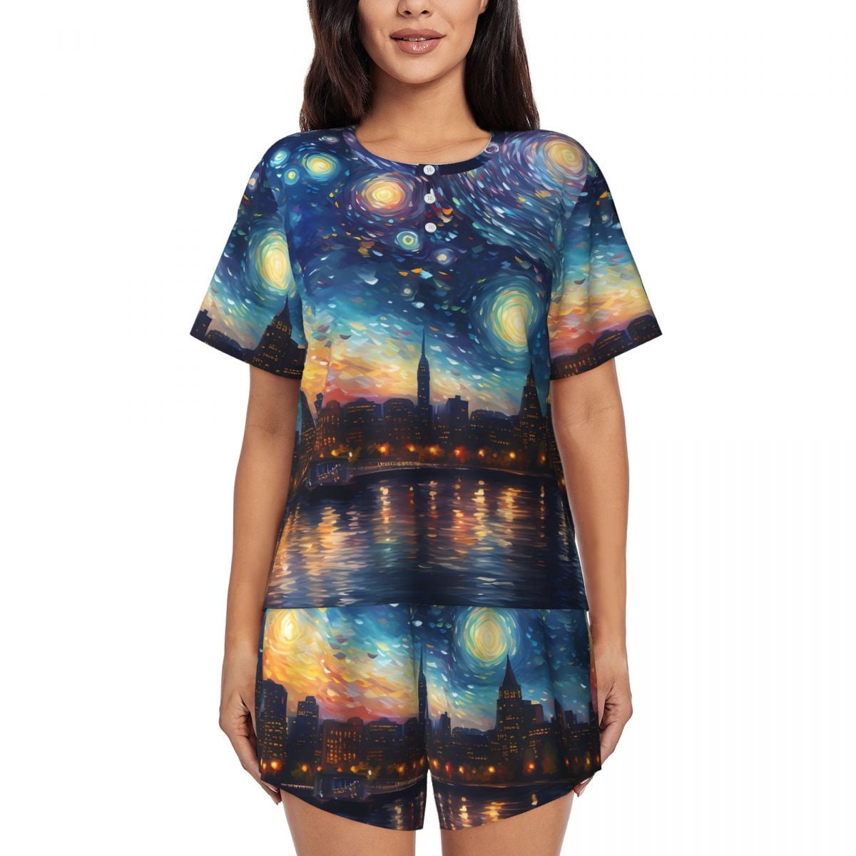 Abstract Starry Night Pajamas Van Gogh Room O Neck Home Suit Female Two ...
