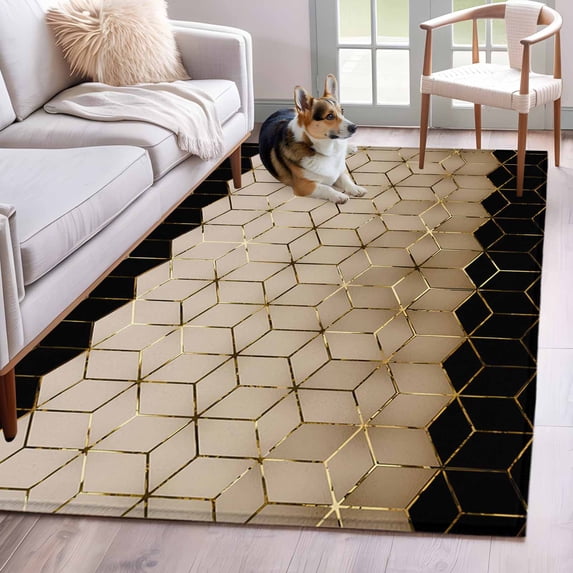 Abstract Stereo Cube Area Rugs 3x5 ft Modern Gradient Black Khaki Comb ...