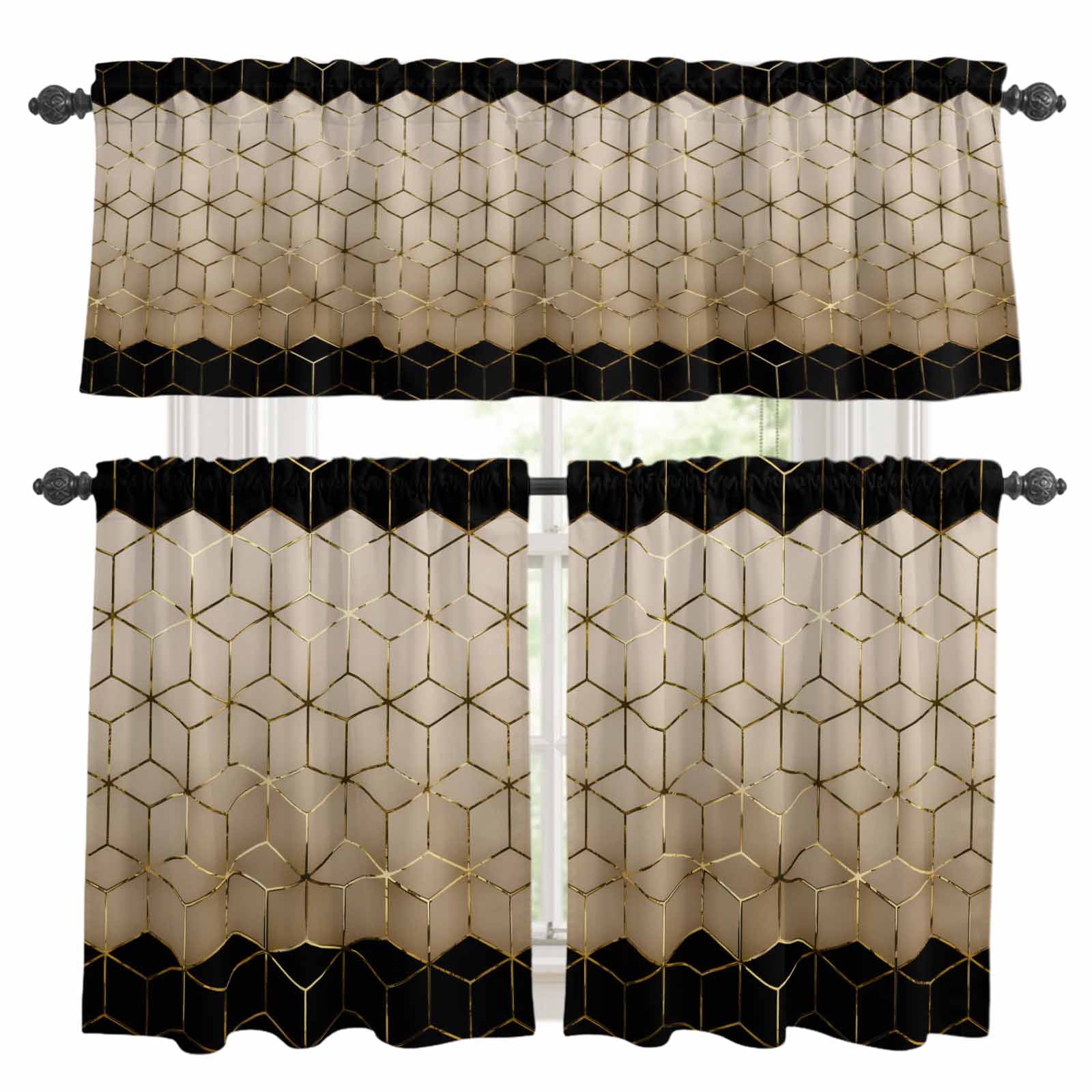 Abstract Stereo Cube Curtain Valances Set Modern Gradient Black Khaki ...