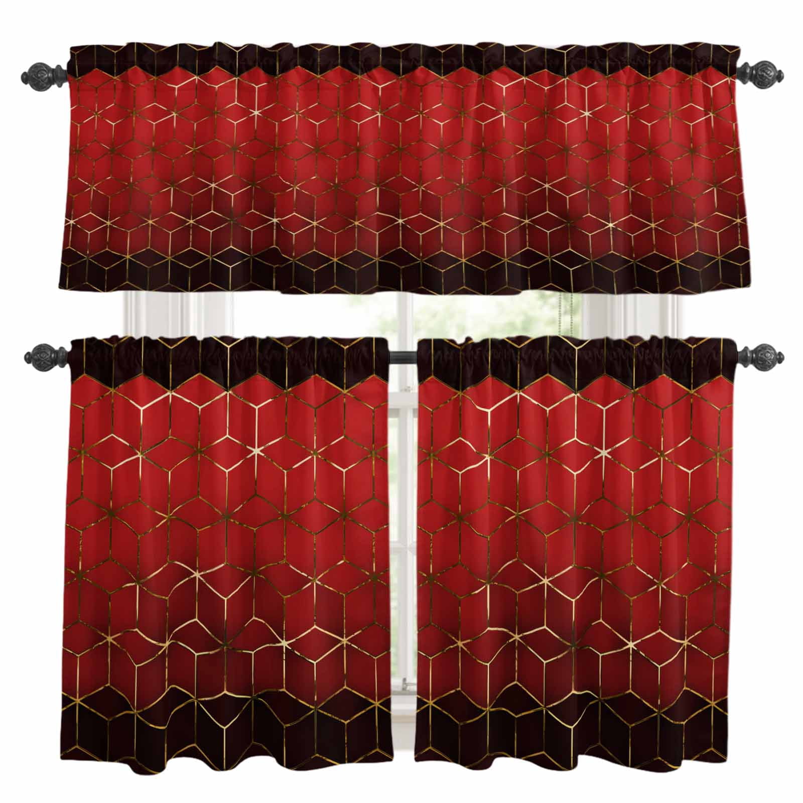Abstract Stereo Cube Curtain Valances Set Modern Gradient Black Red ...