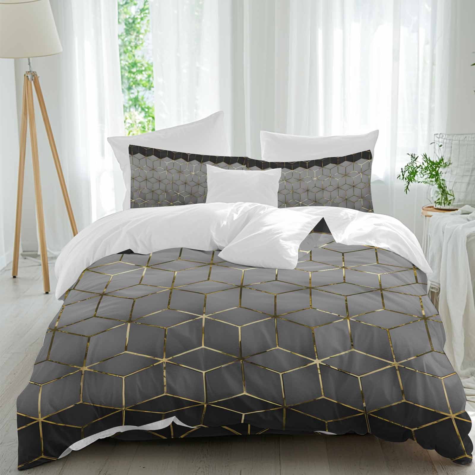 Abstract Stereo Cube Duvet Cover Set Queen Size, Modern Gradient Black ...