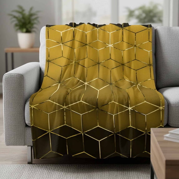 Abstract Stereo Cube Fleece Throw Blanket Modern Gradient Black Gold ...
