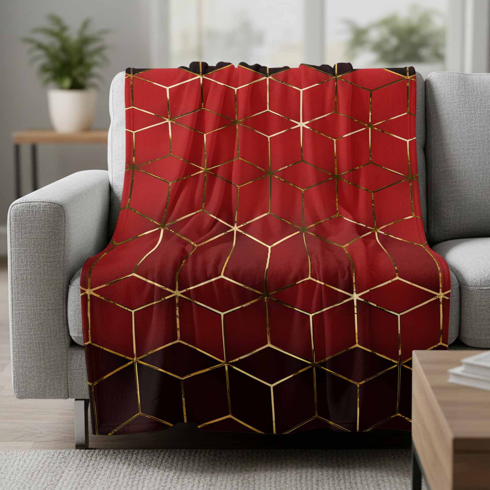 Abstract Stereo Cube Fleece Throw Blanket Modern Gradient Black Red ...