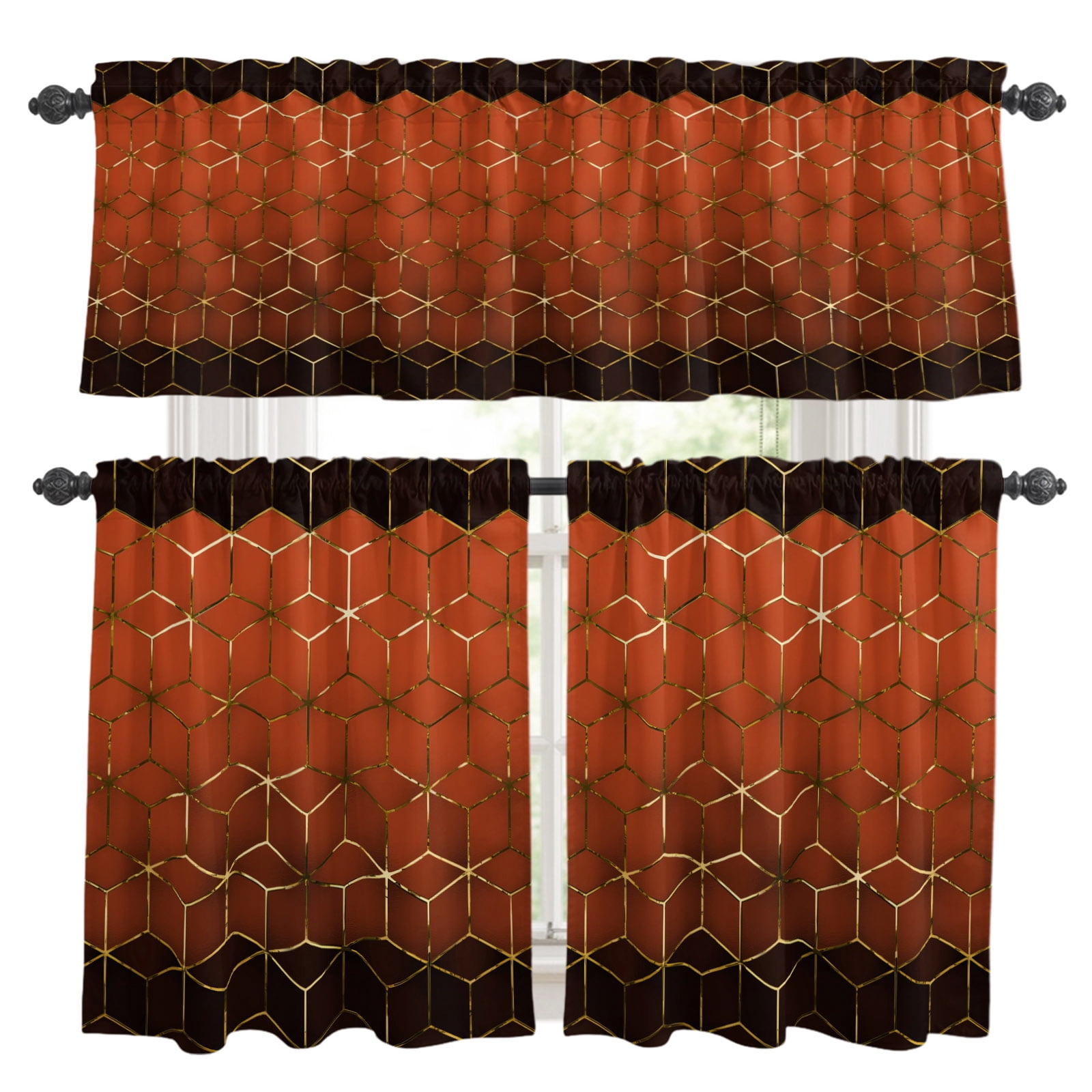 Abstract Stereo Cube Kitchen Curtains Set for Windows, Modern Gradient ...