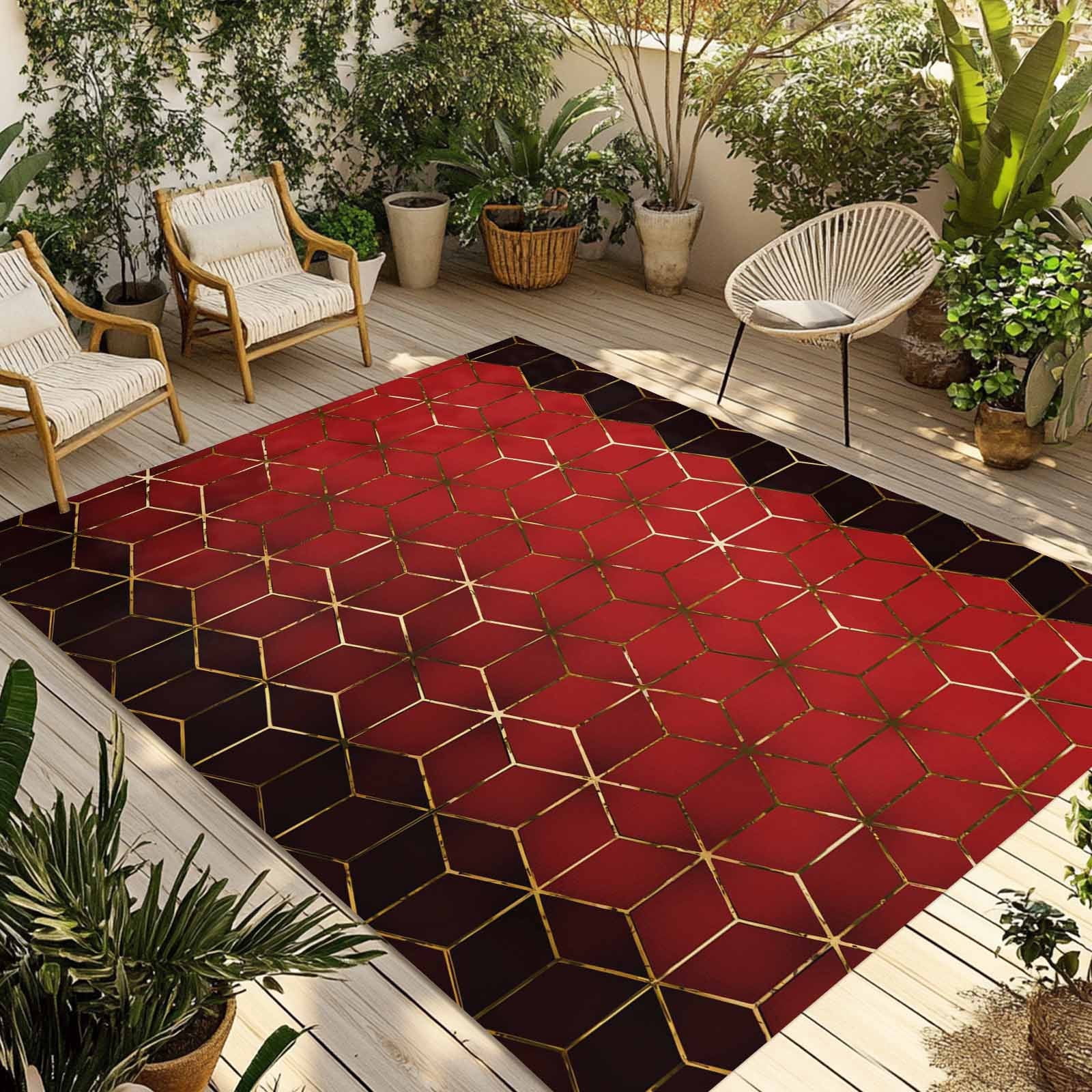 Abstract Stereo Cube Outdoor Rug, Modern Gradient Black Red Comb Grid ...
