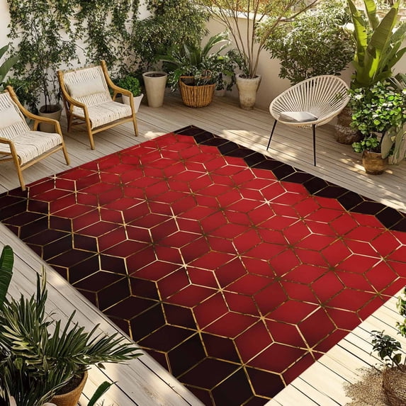 Abstract Stereo Cube Outdoor Rug, Modern Gradient Black Red Comb Grid ...