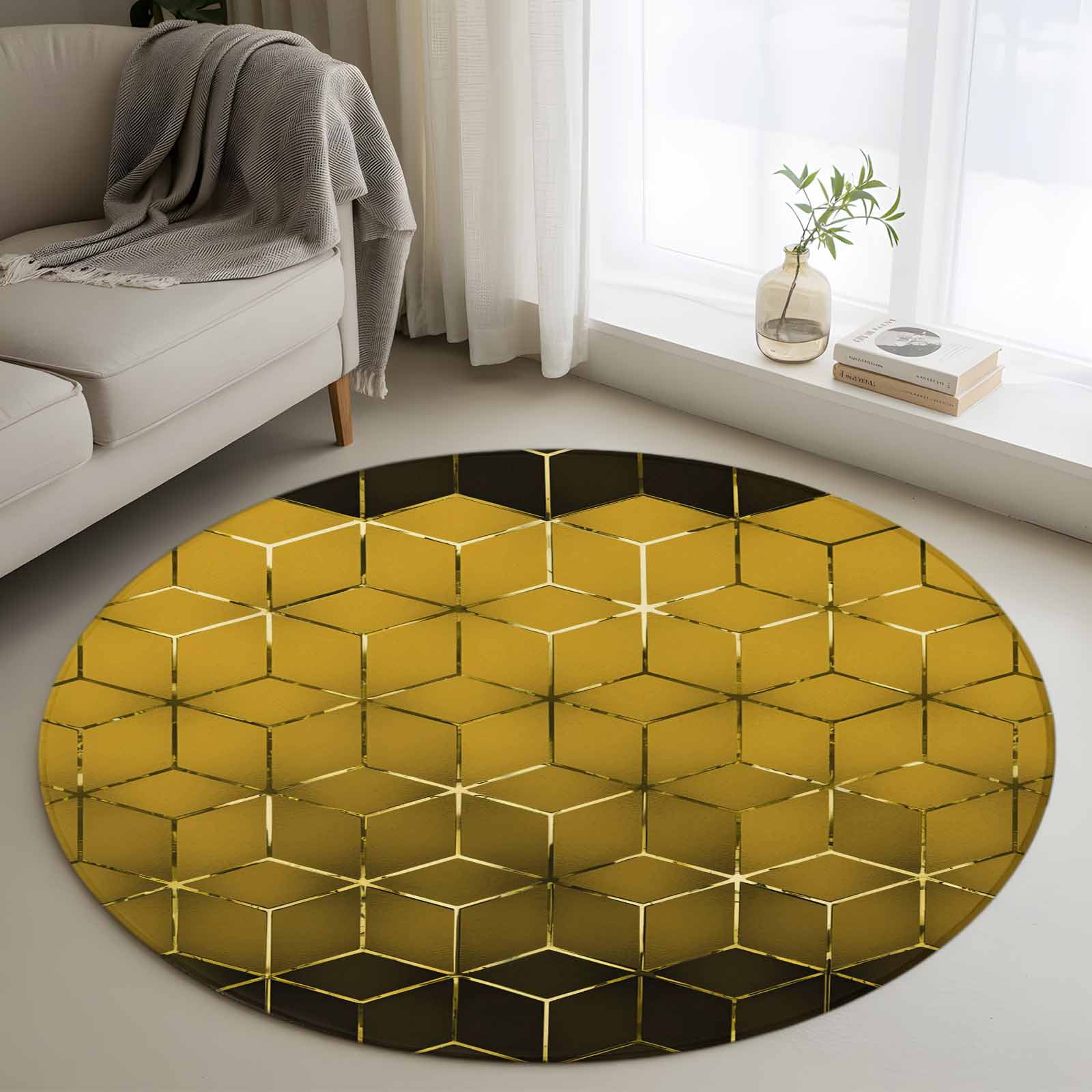 Abstract Stereo Cube Round Area Rugs 3 ft, Modern Gradient Black Gold ...