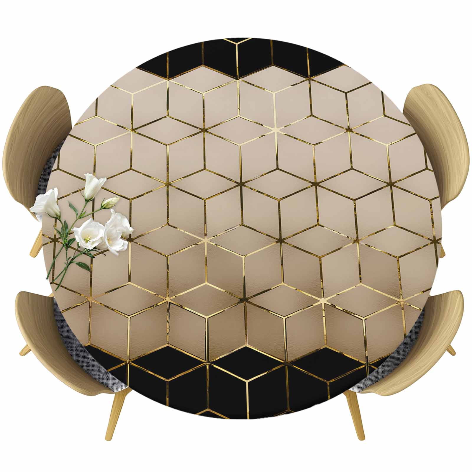 Abstract Stereo Cube Round Fitted Tablecloth with Elastic Edge, Modern ...
