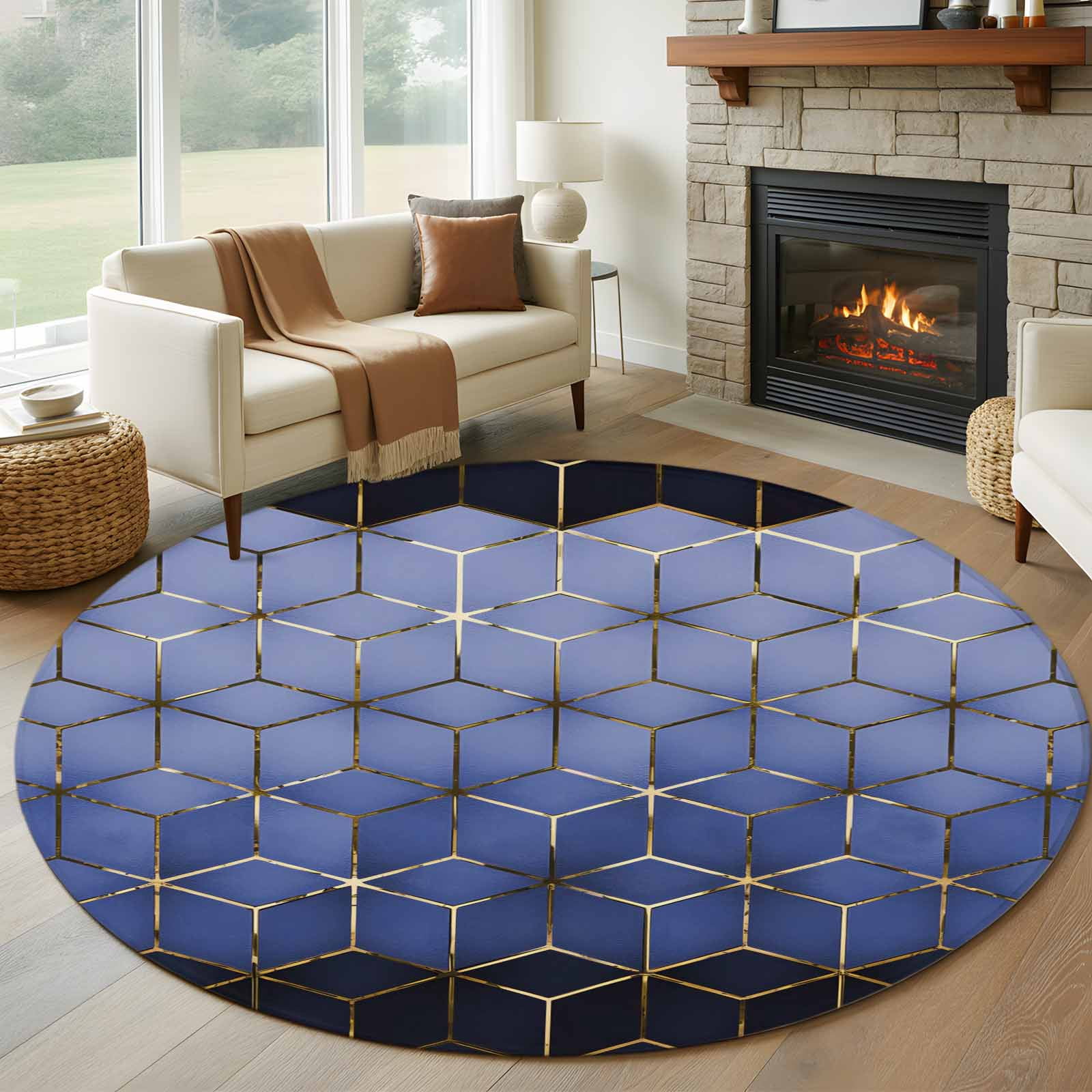 Abstract Stereo Cube Round Living Room Rugs 5 ft, Modern Gradient Black ...