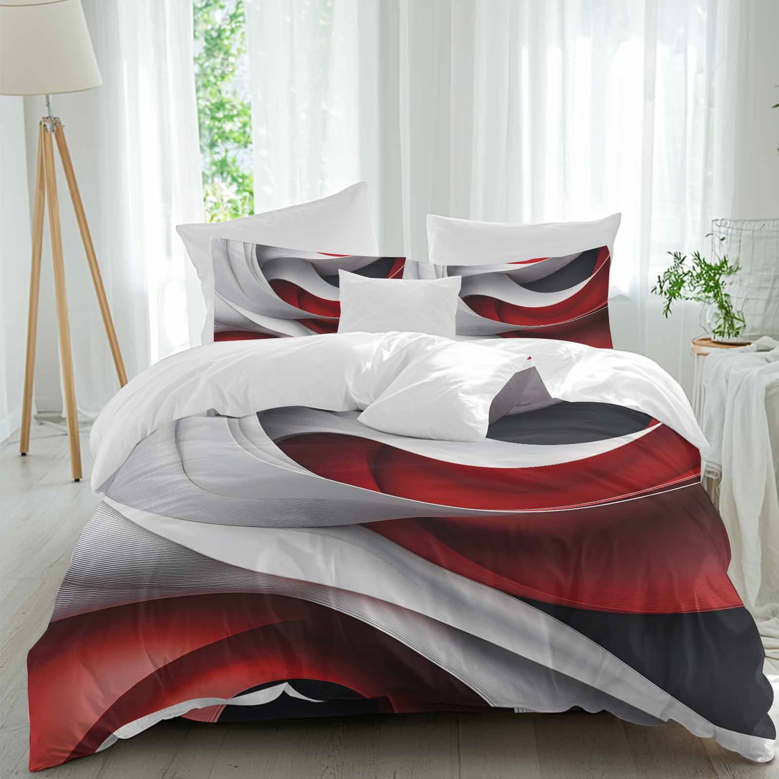 Abstract Stitching 4 Piece Duvet Cover Set Full Size Red White Black ...
