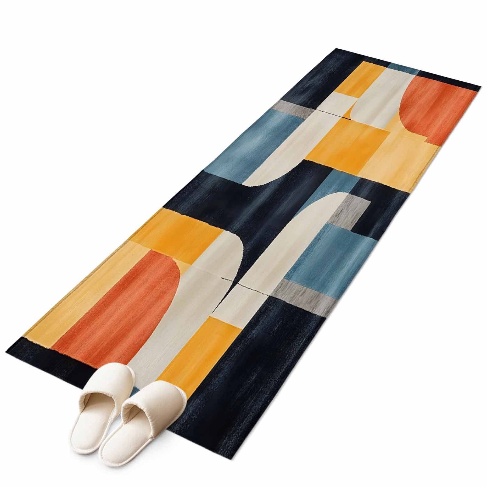 Abstract Stitching Area Rug 2x6ft Orange White Blue Fluid Wash Art Non ...