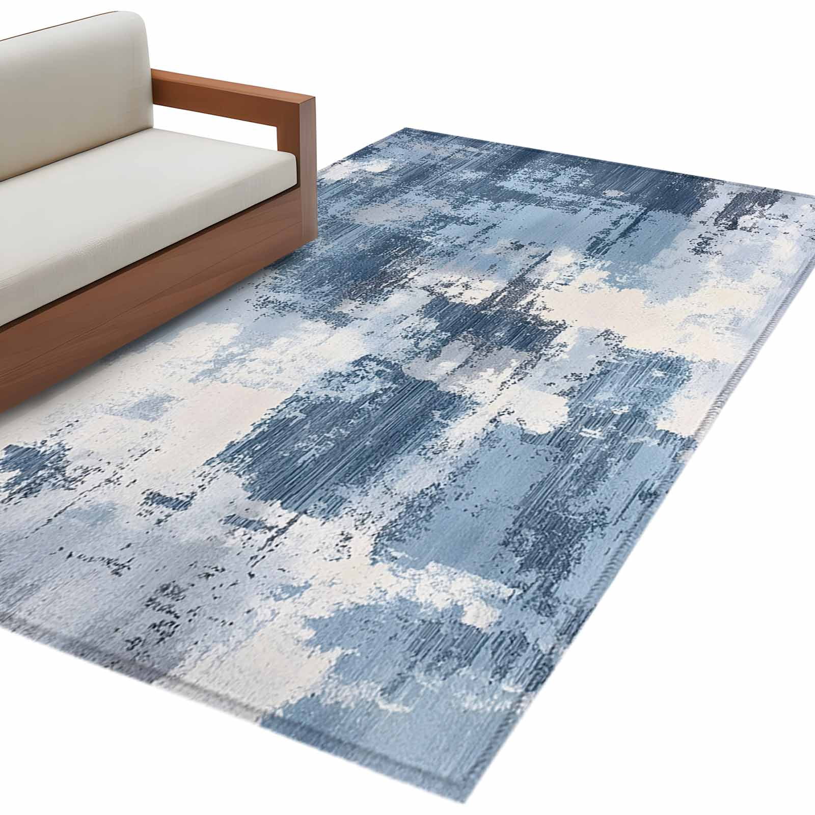Abstract Stitching Area Rug 3x5ft Vintage Blue White Blend Texture Non ...