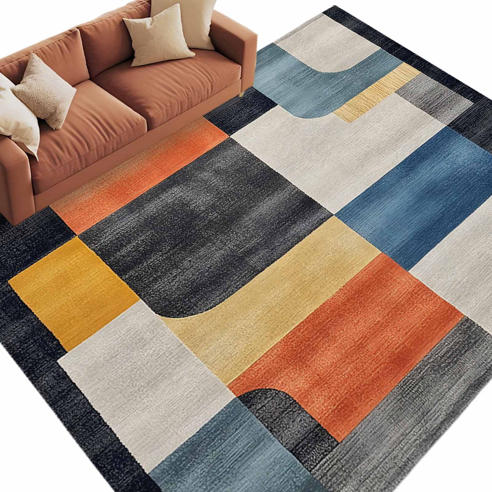 Abstract Stitching Area Rug 5x7ft White Blue Yellow Stripe Art Non-Slip ...