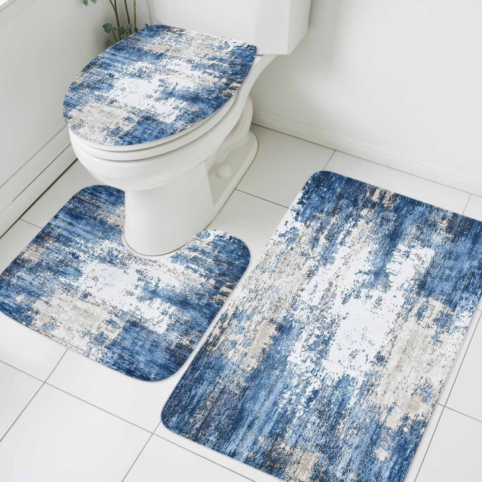 Abstract Stitching Bathroom Rugs Set Blue Gray Mottled Texture Non Slip ...