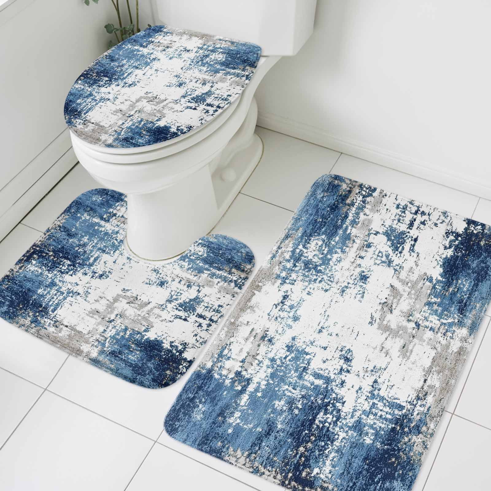 Abstract Stitching Bathroom Rugs Set Gray Blue Mottled Texture Non Slip ...