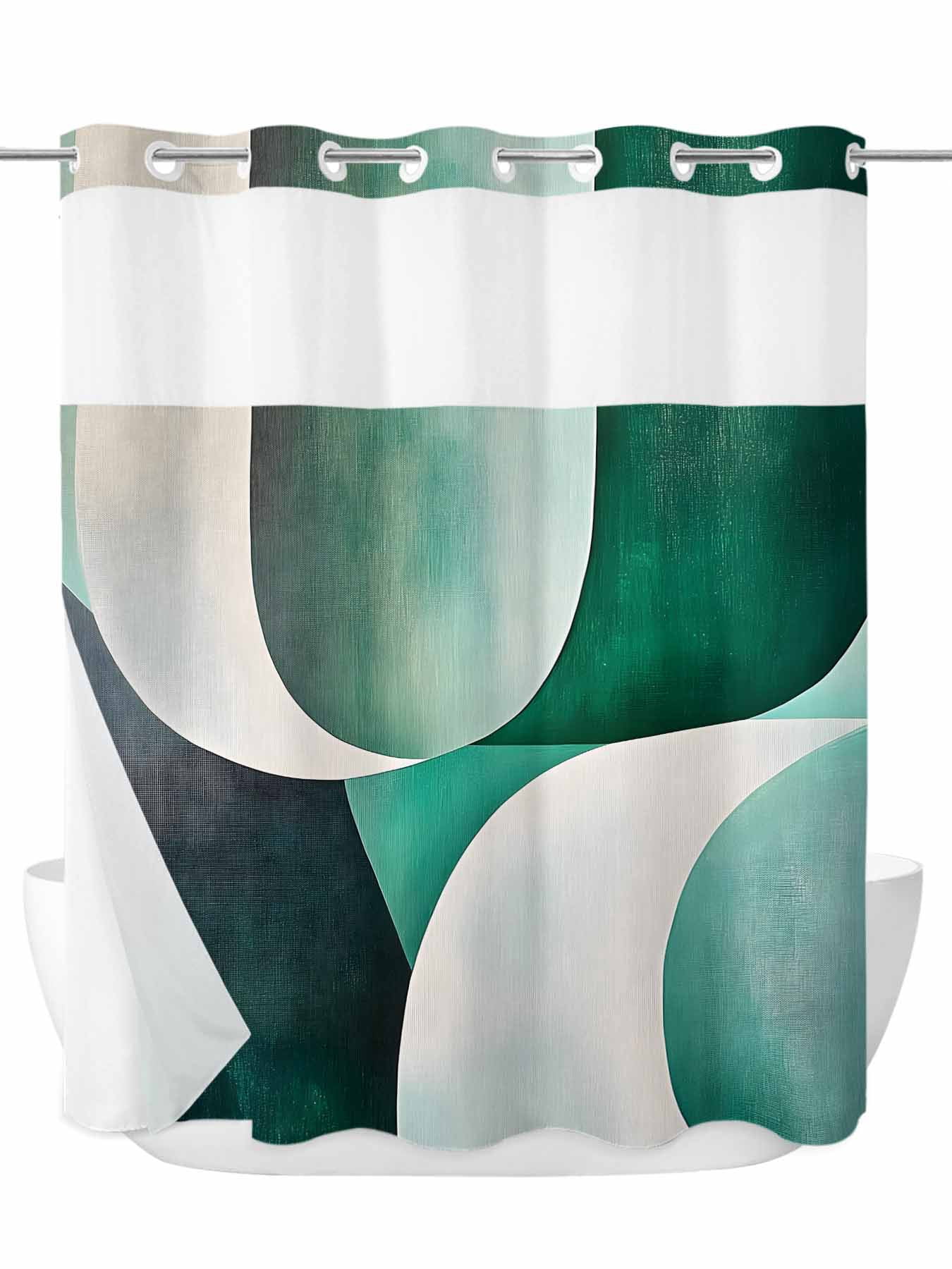 Abstract Stitching No Hook Shower Curtain and Liner Set Green White ...