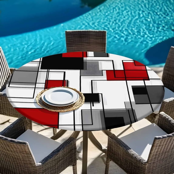 Abstract Stitching Irregular Line Round Fitted Tablecloth with Elastic ...