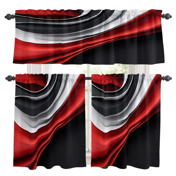 Abstract Stitching Kitchen Curtains Valance and Tier Set Black Gary Red ...