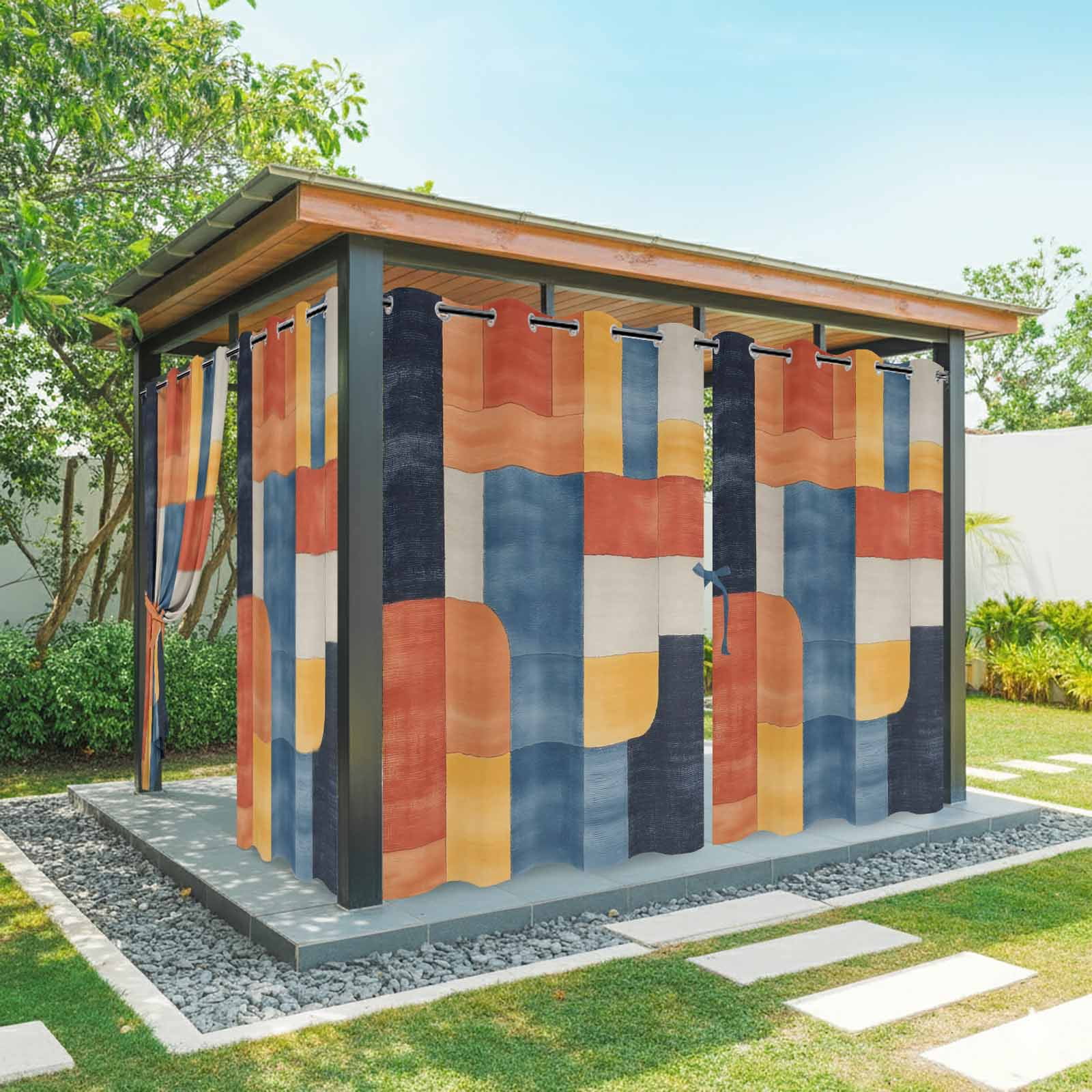 Abstract Stitching Outdoor Curtains for Patio Waterproof, White Orange ...