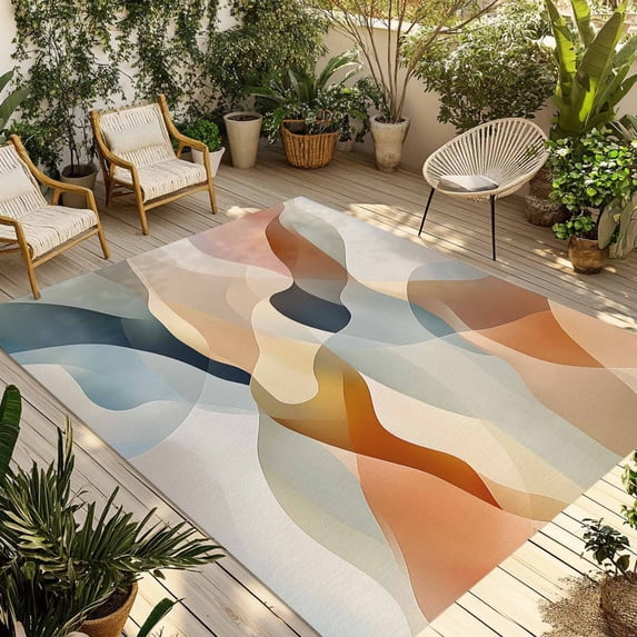 Abstract Stitching Outdoor Rug, Blue Brown Water Ripple Gradient Non ...