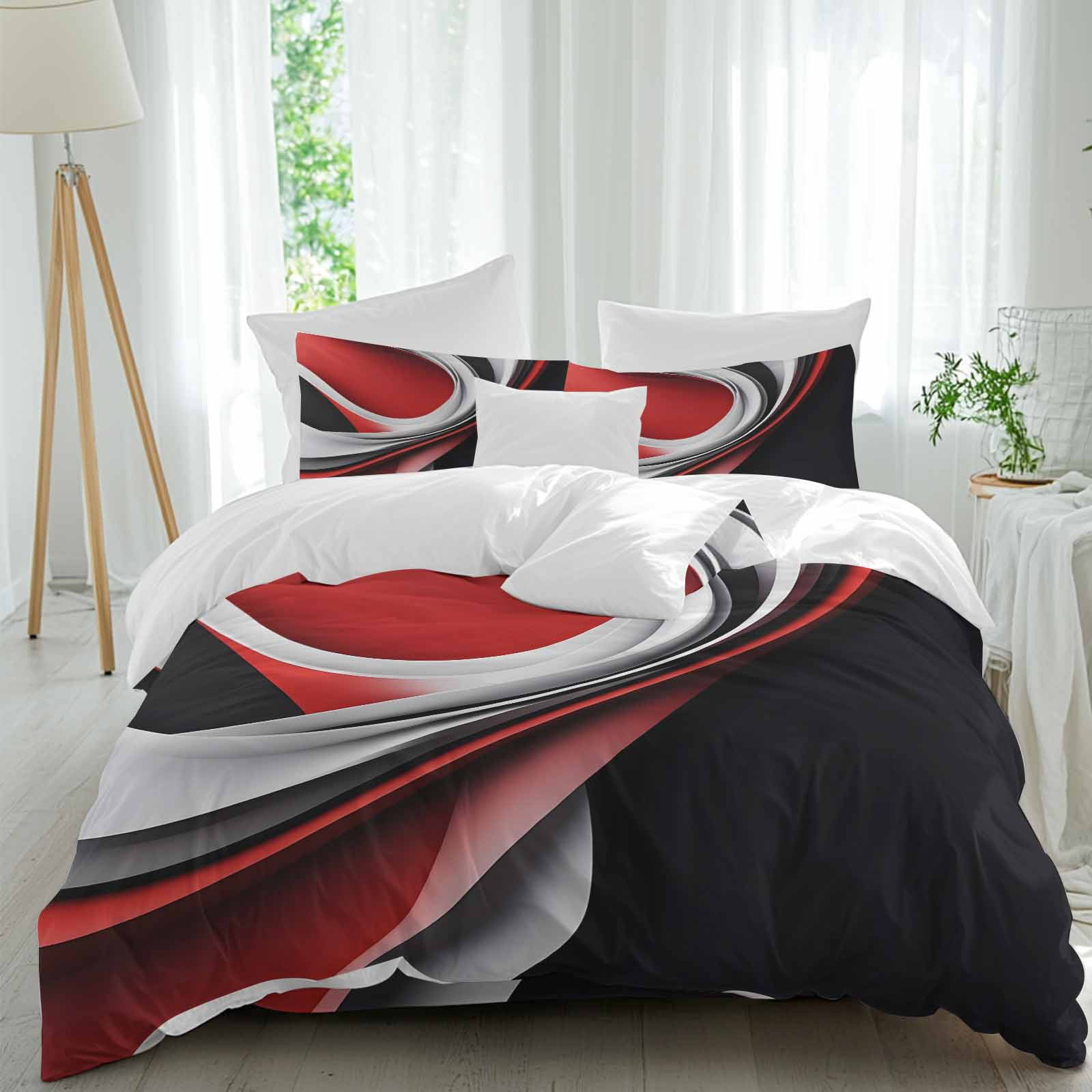 Abstract Stitching Queen Duvet Cover Set, Red Black Gary Water Ripple ...