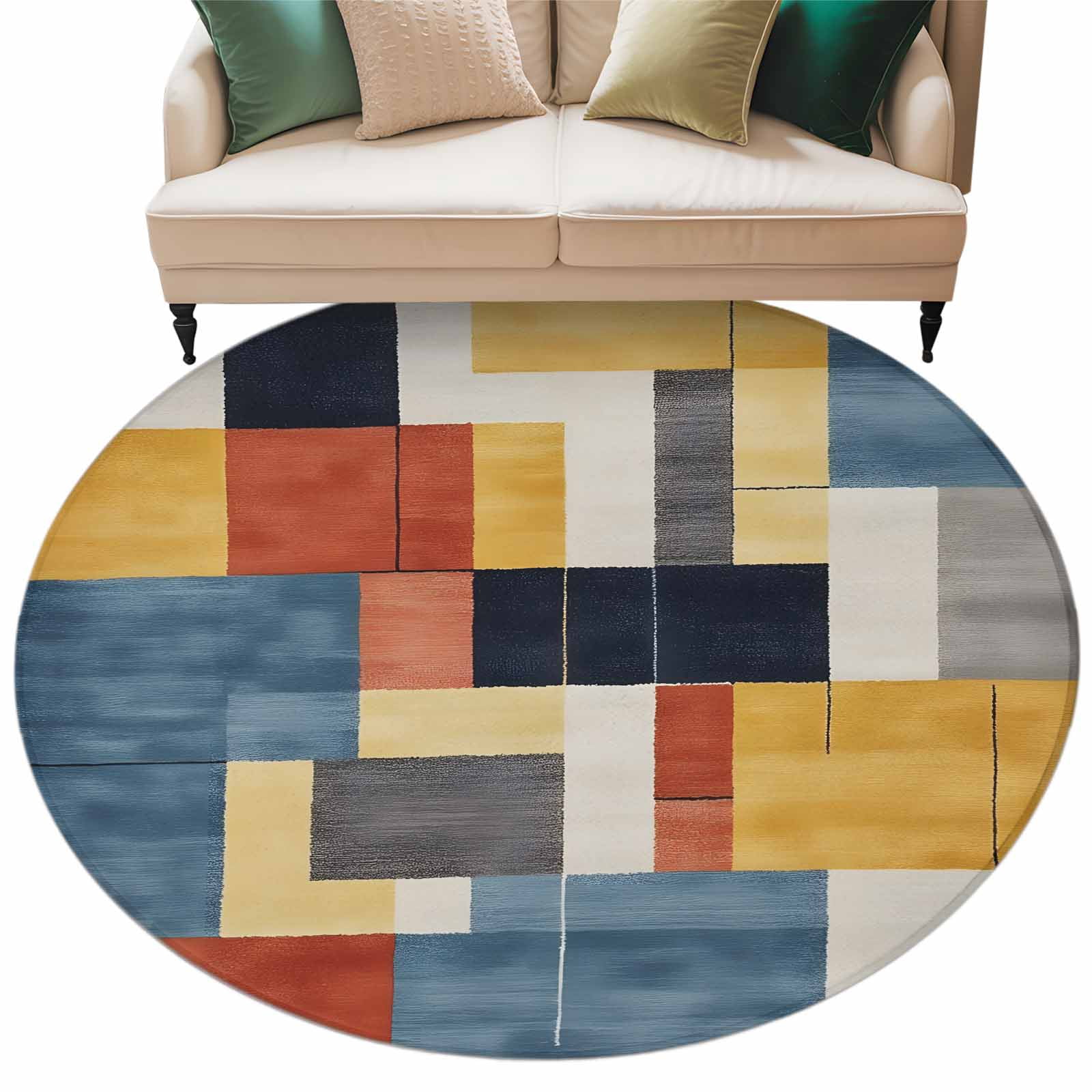 Abstract Stitching Round Area Rug 5ft Orange White Blue Stripe Art Non ...