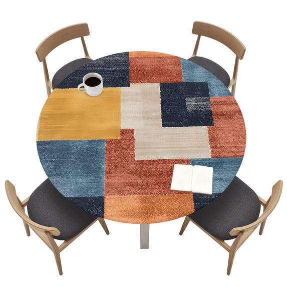 Abstract Stitching Round Fitted Tablecloth Blue White Orange Fluid Wash ...