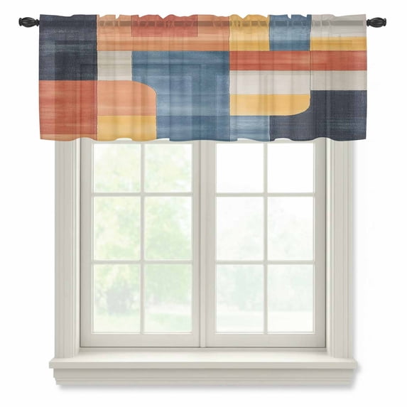 Abstract Stitching Semi Sheer Valance Curtains White Orange Blue Fluid ...