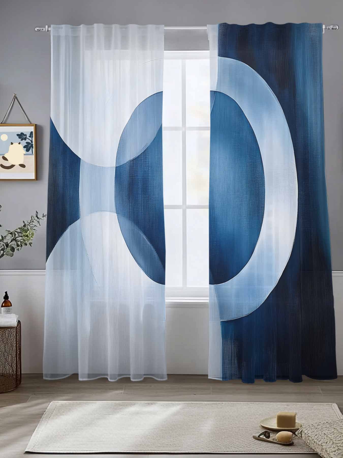 Abstract Stitching Sheer Curtains 108 Inches Long 2 Panels White Blue ...