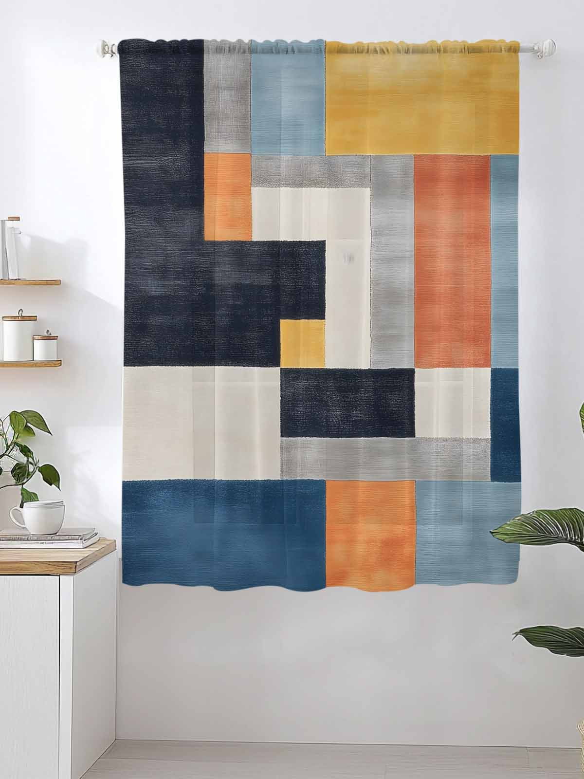 Abstract Stitching Sheer Curtains 63 Inch Long 1 Panel Blue White ...