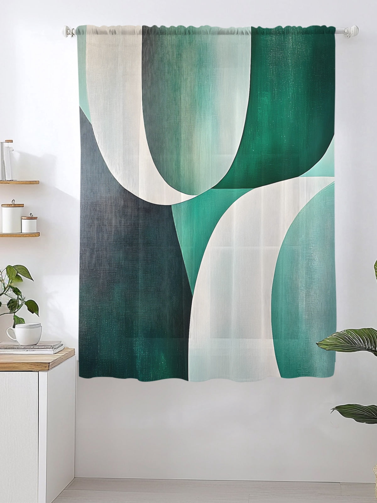 Abstract Stitching Sheer Curtains 63 Inch Long 1 Panel Green White ...