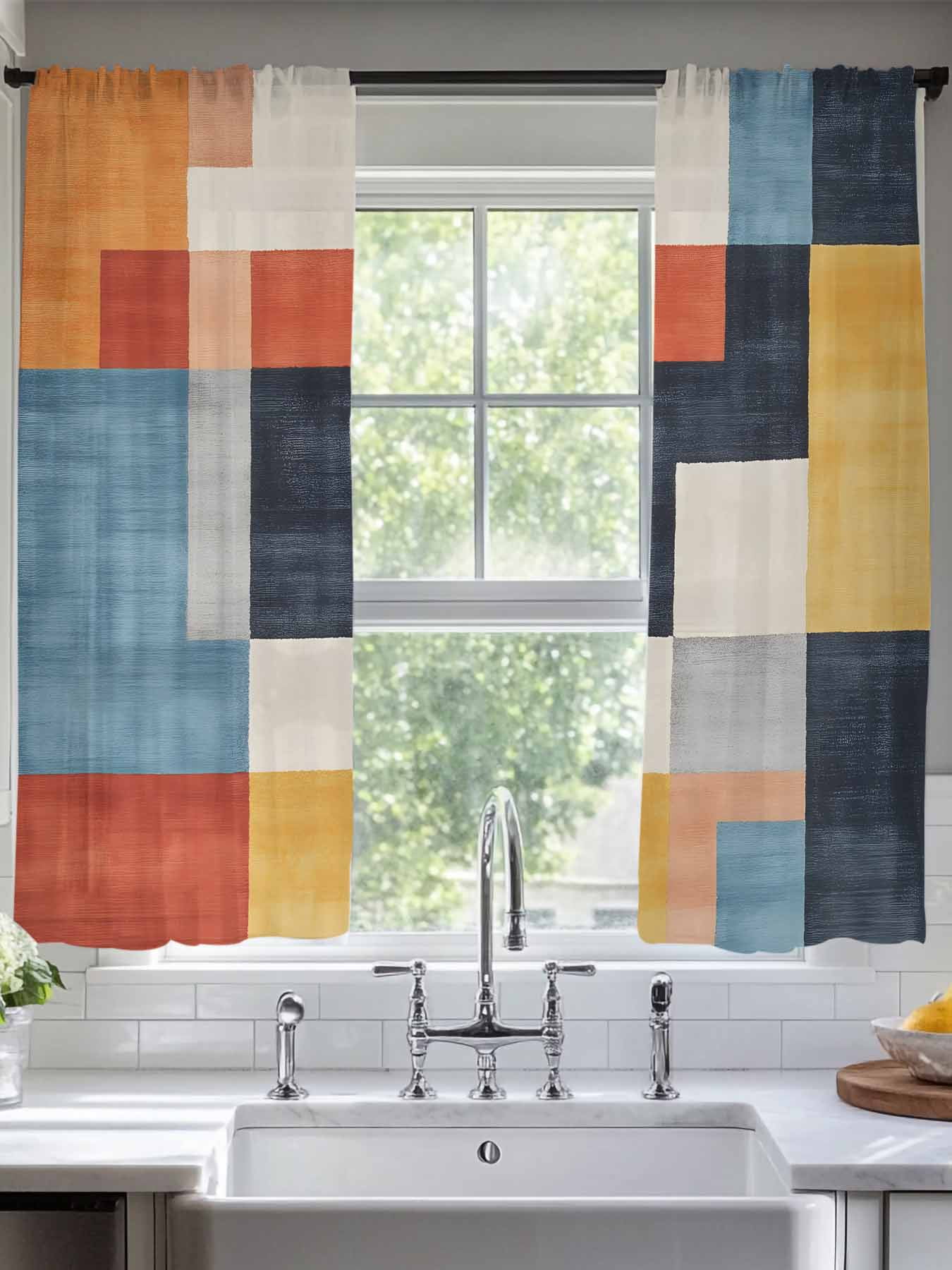 Abstract Stitching Sheer Curtains 72 Inches Long 2 Panels White Yellow ...