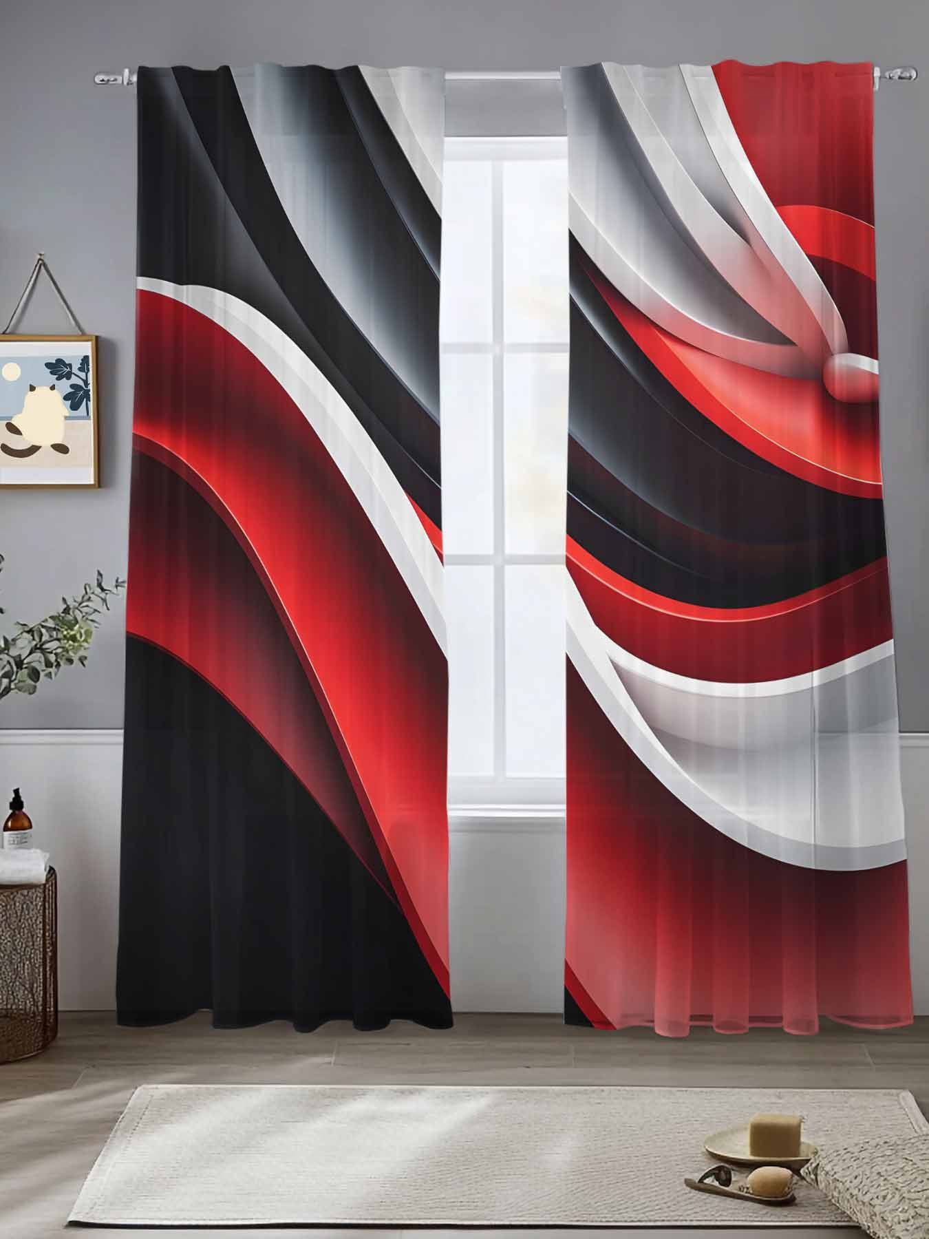 Abstract Stitching Sheer Curtains 96 Inches Long 2 Panels Gary Red ...