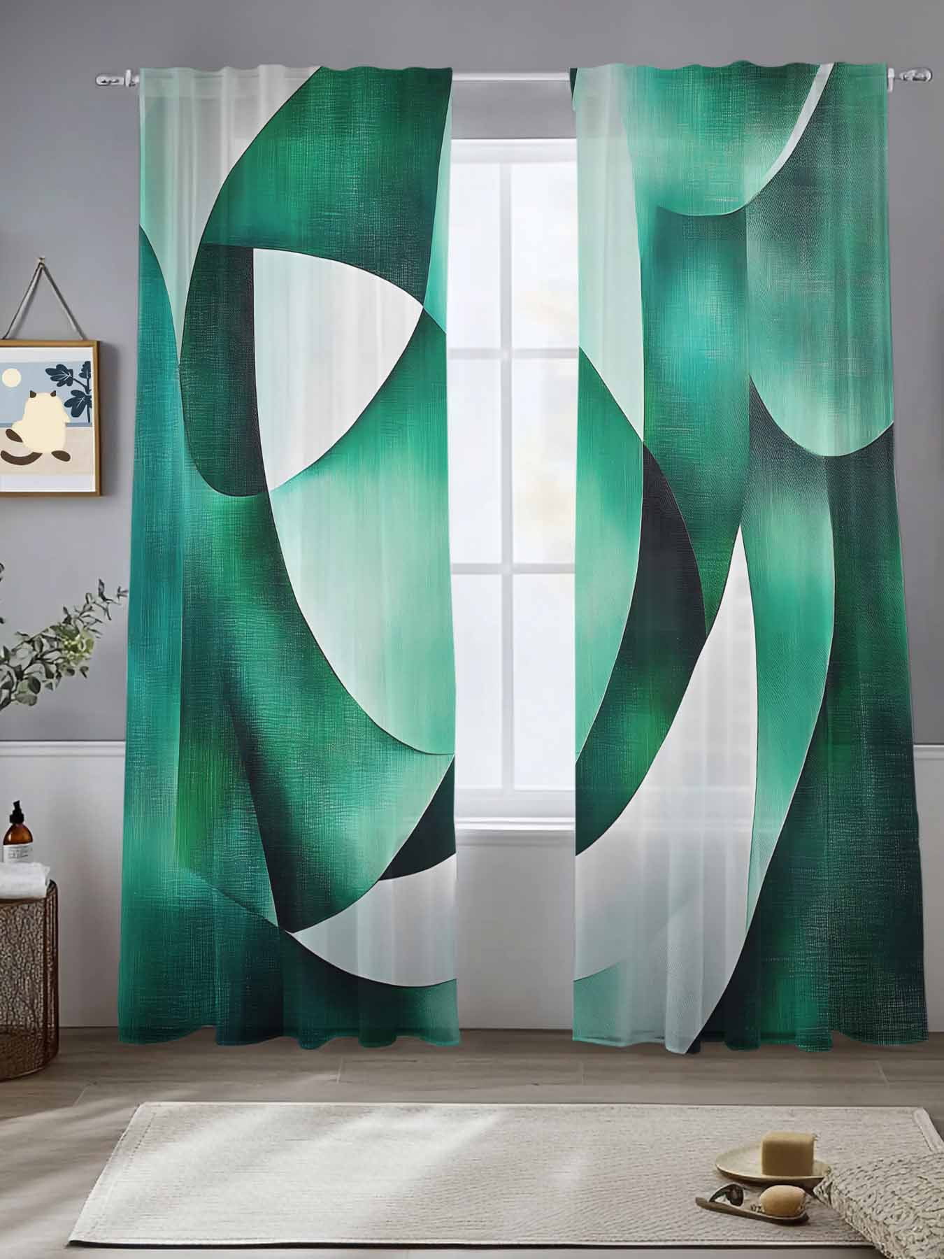 Abstract Stitching Sheer Curtains 96 Inches Long 2 Panels White Green ...