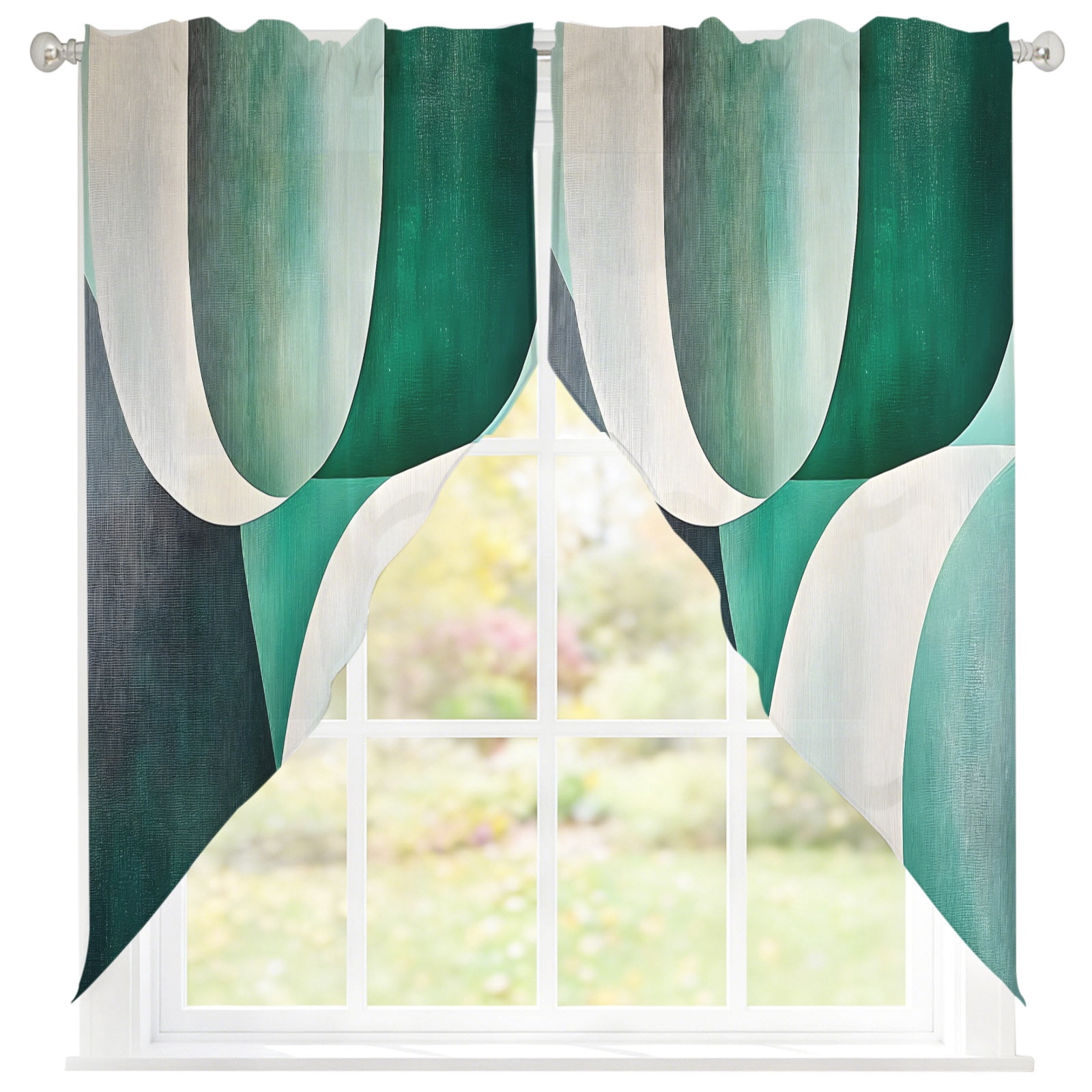 Abstract Stitching Sheer Curtains Swag Valances for Windows Green White ...