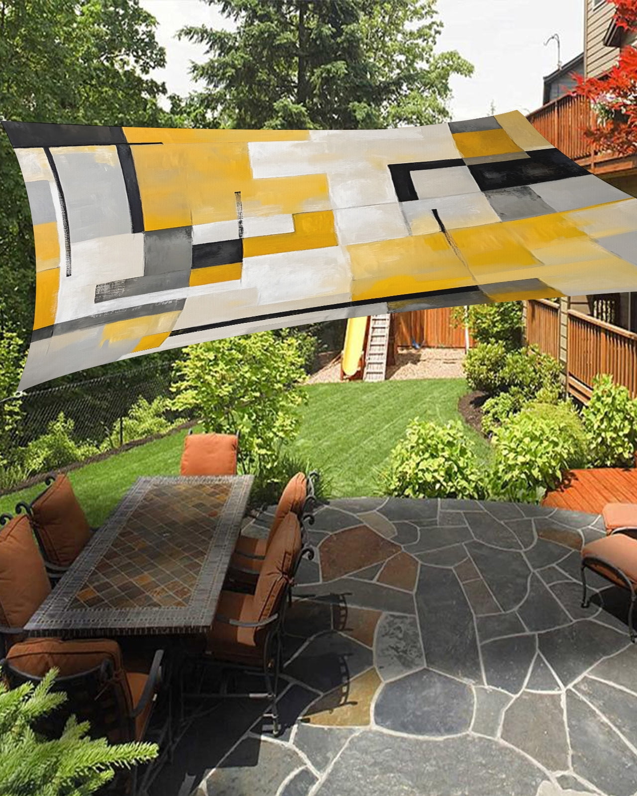 Abstract Stitching Sun Shade Sail 6.5'X10' Black Yellow Gray Stripes UV ...