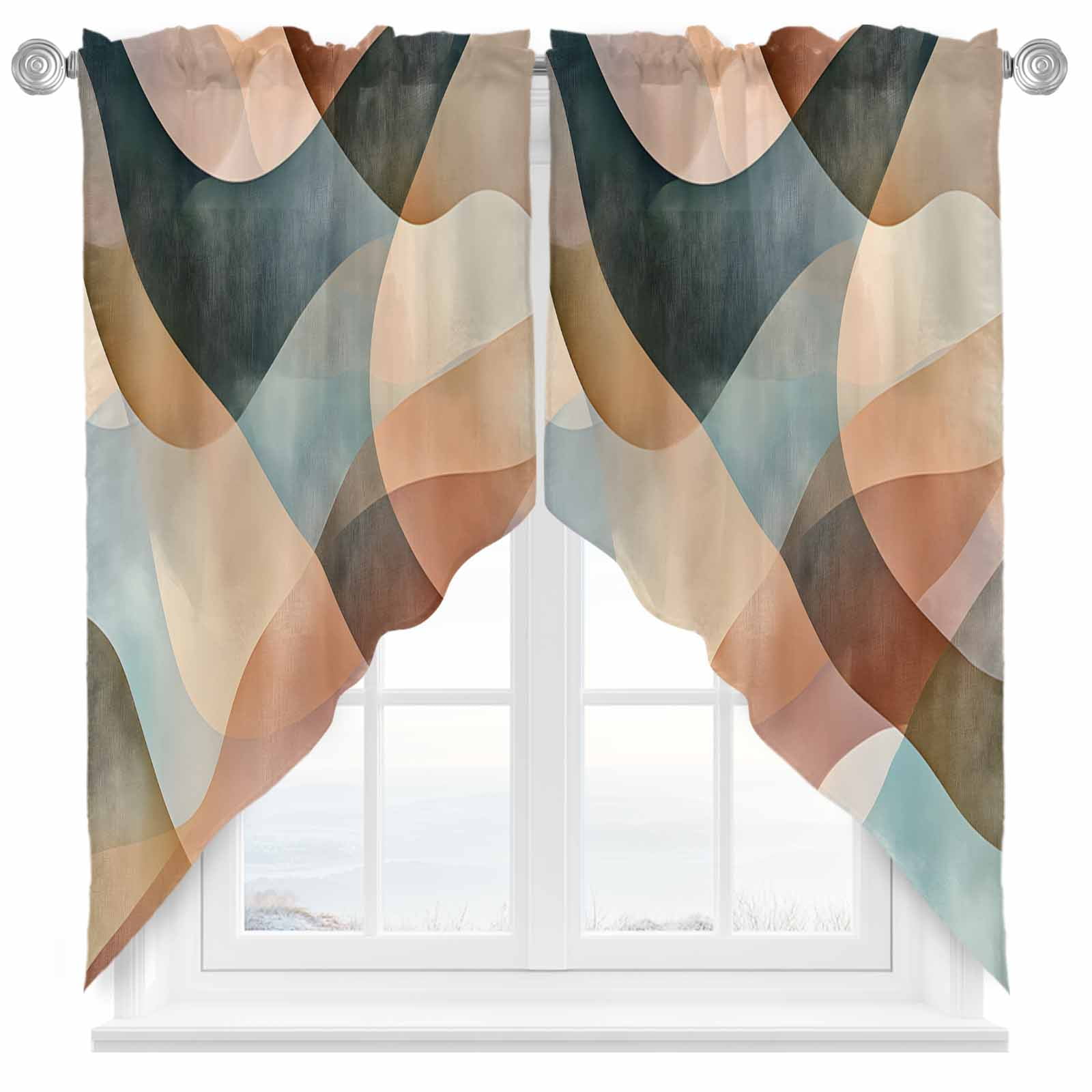 Abstract Stitching Swag Curtain Valance for Windows, Vintage Blue Brown ...