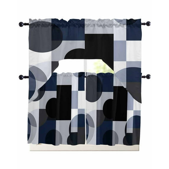 Abstract Stitching Swag Valance and Tier Curtains Set Blue Black Square ...