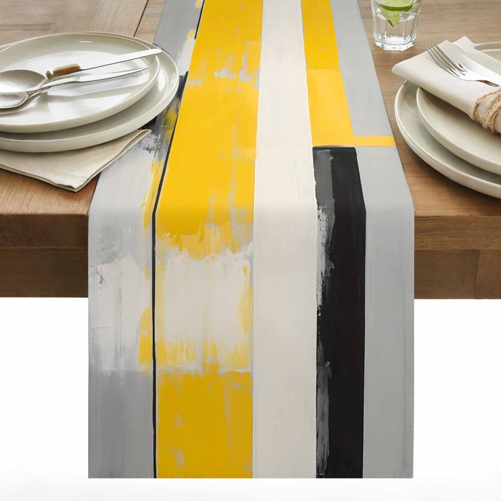 Abstract Stitching Table Runner 13x108 inch Black Gary Yellow Plaid ...