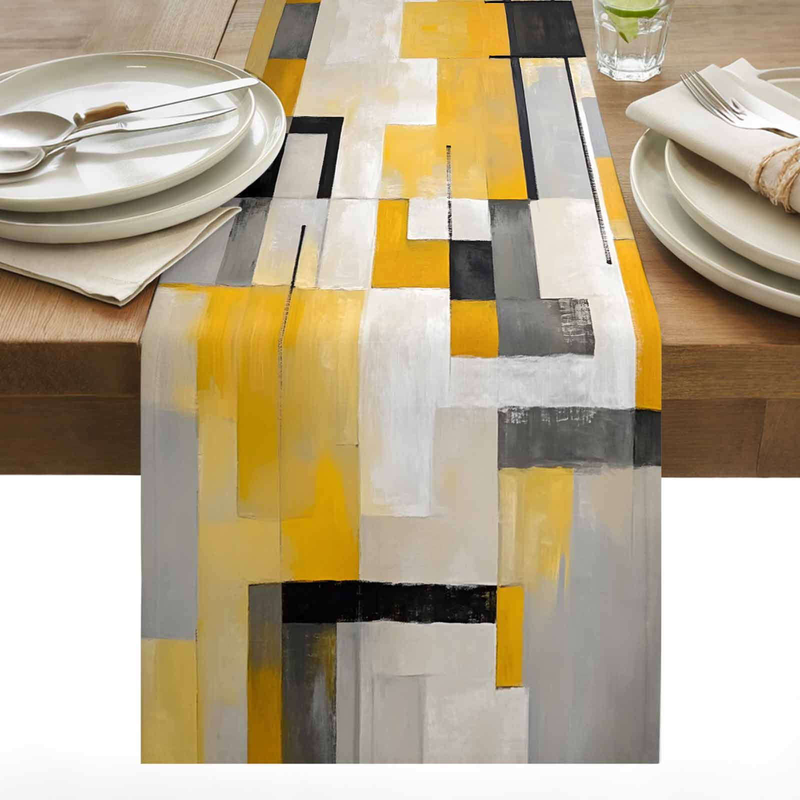 Abstract Stitching Table Runner 13x108 inch Black Yellow Gary Stripes ...