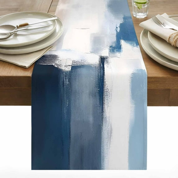 Abstract Stitching Table Runner 13x120 inch White Blue Geometric ...